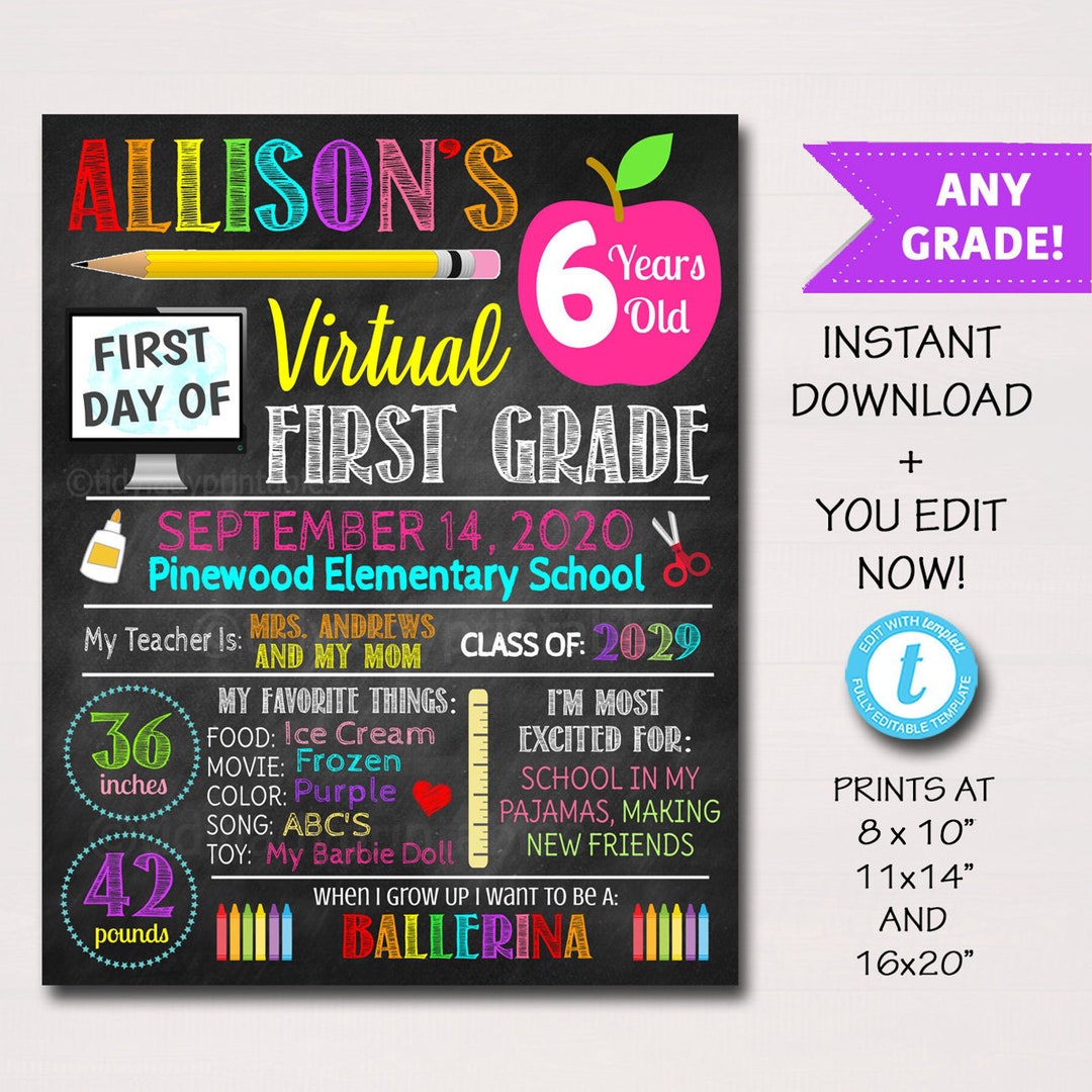 First Day of Virtual School Sign, Back to School 2020 Chalkboard Poster ...
