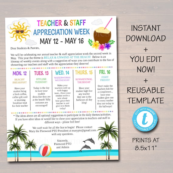 Editable Beach Theme Teacher Appreciation Staff Invitation Newsletter ...
