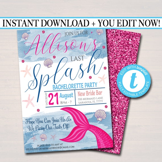 EDITABLE Mermaid Bachelorette Party Invitation Glitter Pink Watercolor ...