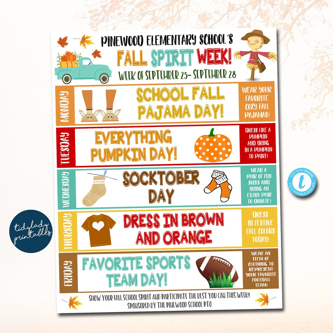 Fall School Spirit Week Itinerary Schedule, Daily Weekly Calendar ...