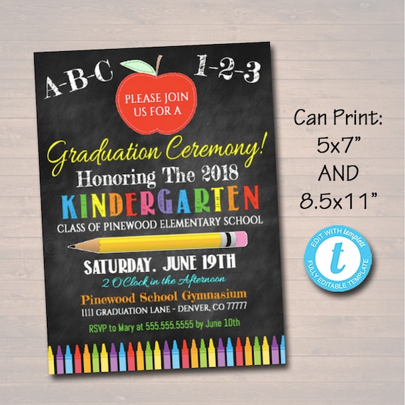Editable Graduation Invitation Chalkboard Printable Kindergarten ...