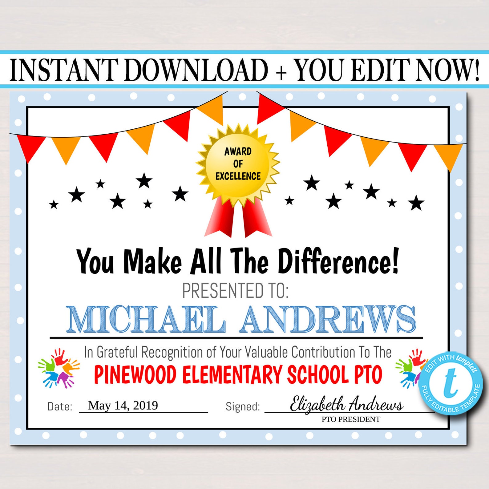 EDITABLE PTO PTA Certificate Printable Handout School - Etsy