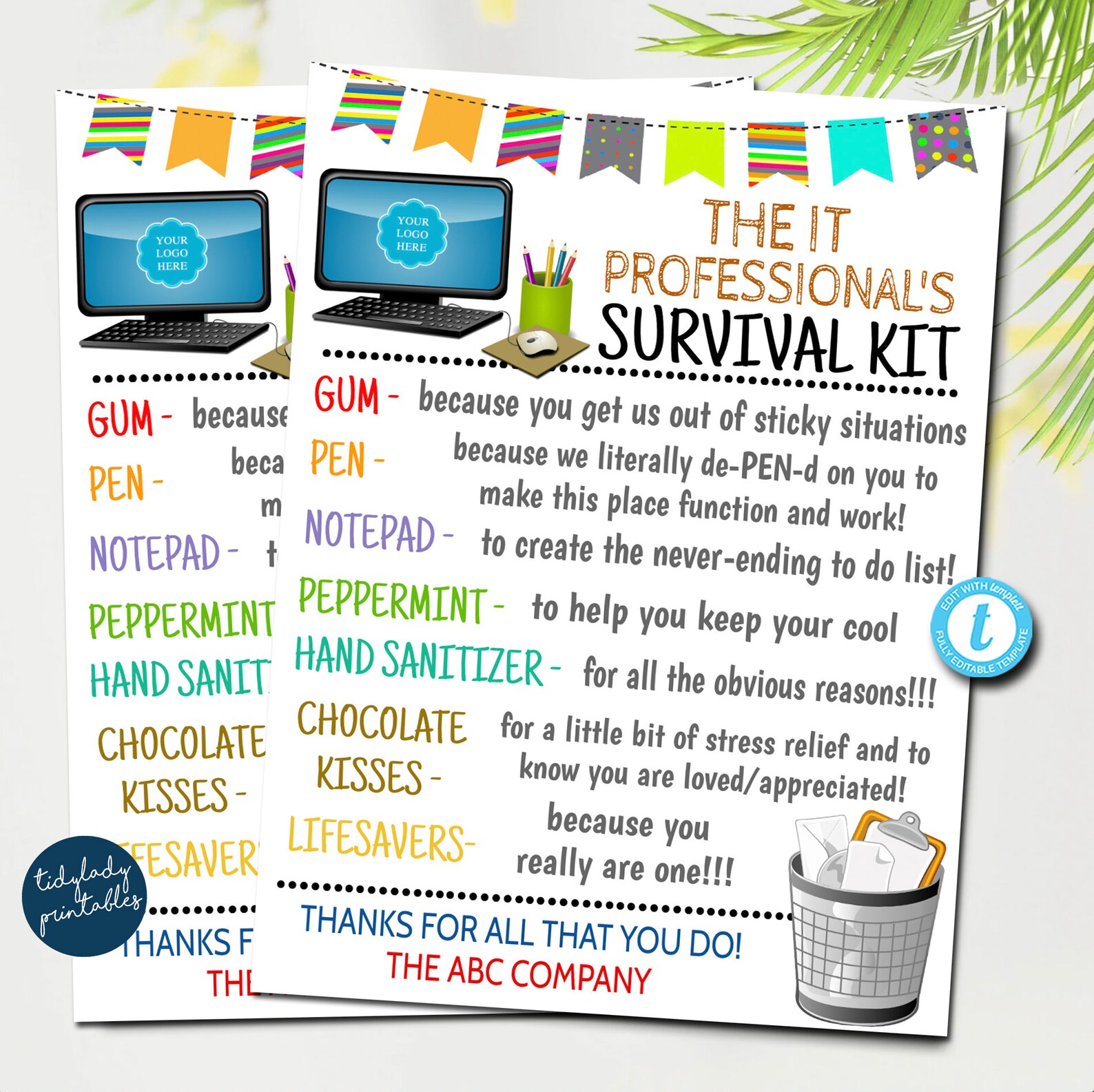 IT Professional Survival Kit Gift Tags: Editable Template (digital ...