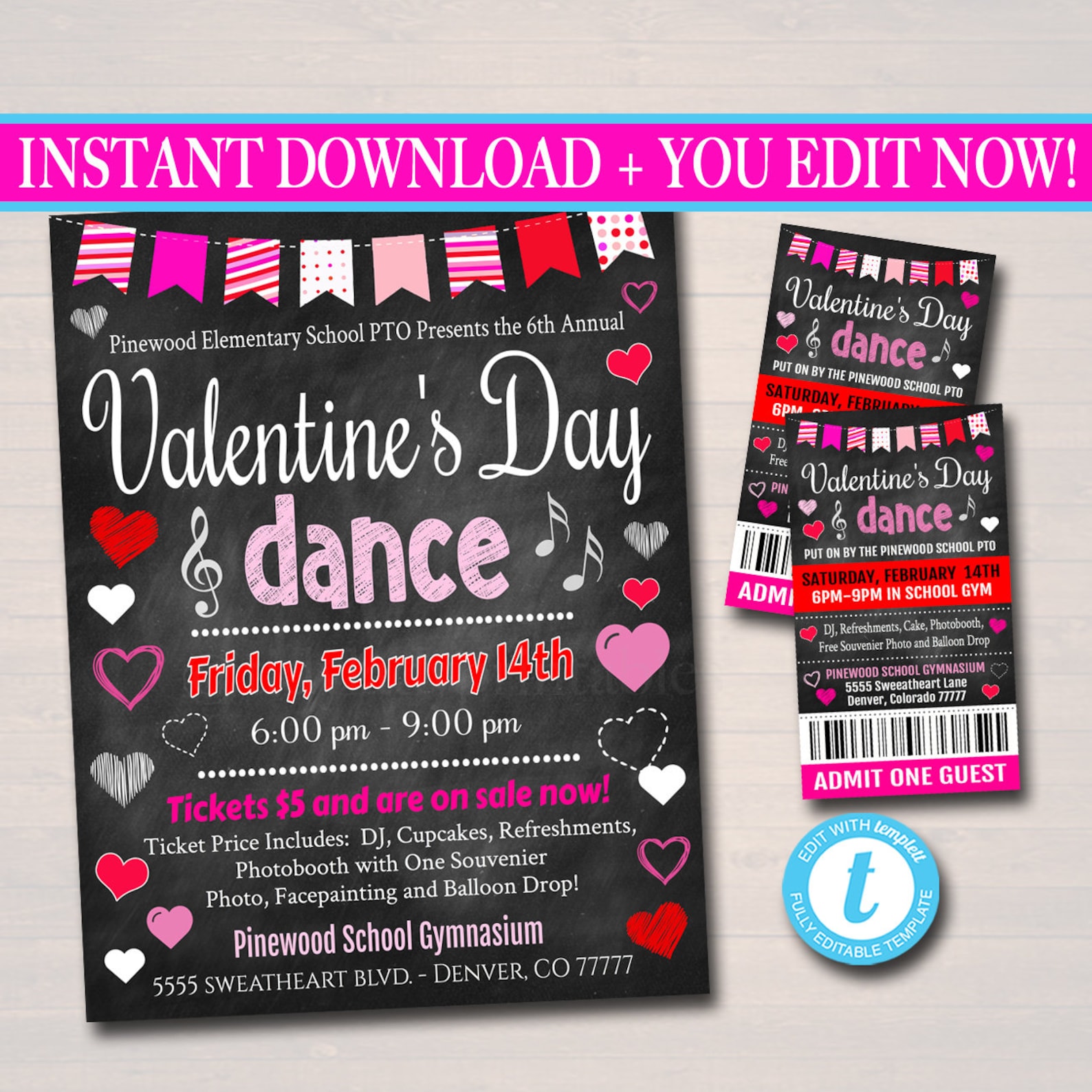 EDITABLE Valentine's Day Dance Set School Dance Flyer - Etsy