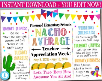 EDITABLE Nacho Average Teacher Appreciation Week Itinerary Poster ...