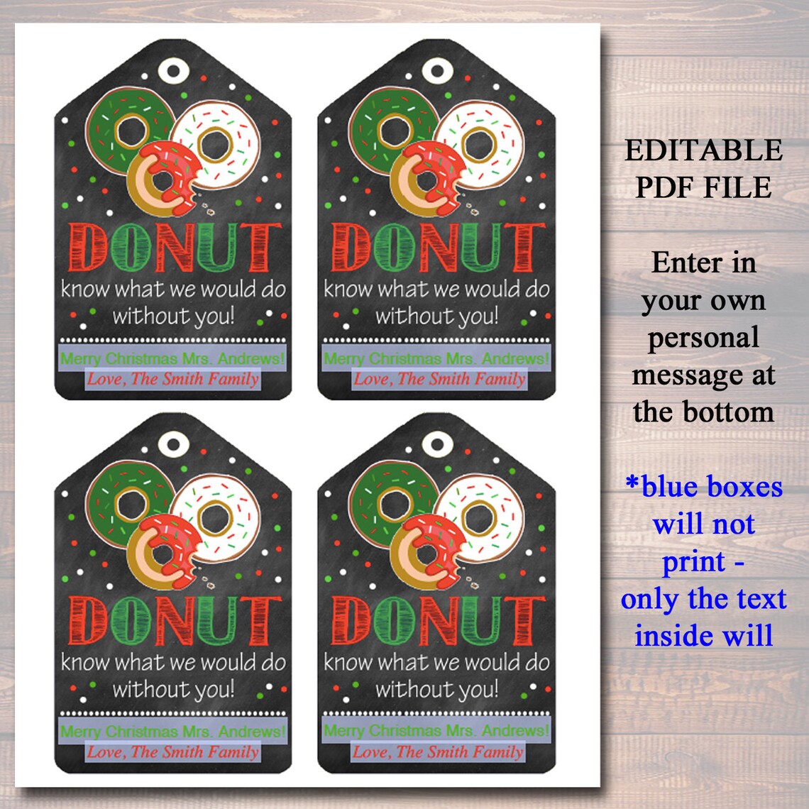 EDITABLE Donut Gift Tags Christmas Teacher Volunteer Nanny - Etsy