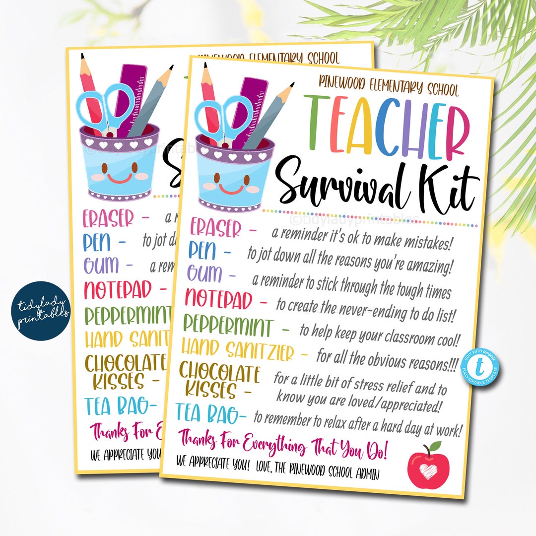 Editable Teacher Survival Kit Printable: Back to School Gift (TEMPLATE ...