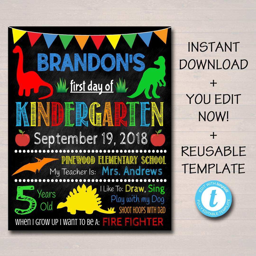 Dinosaur First Day of School Sign: Editable Chalkboard Poster (digital ...