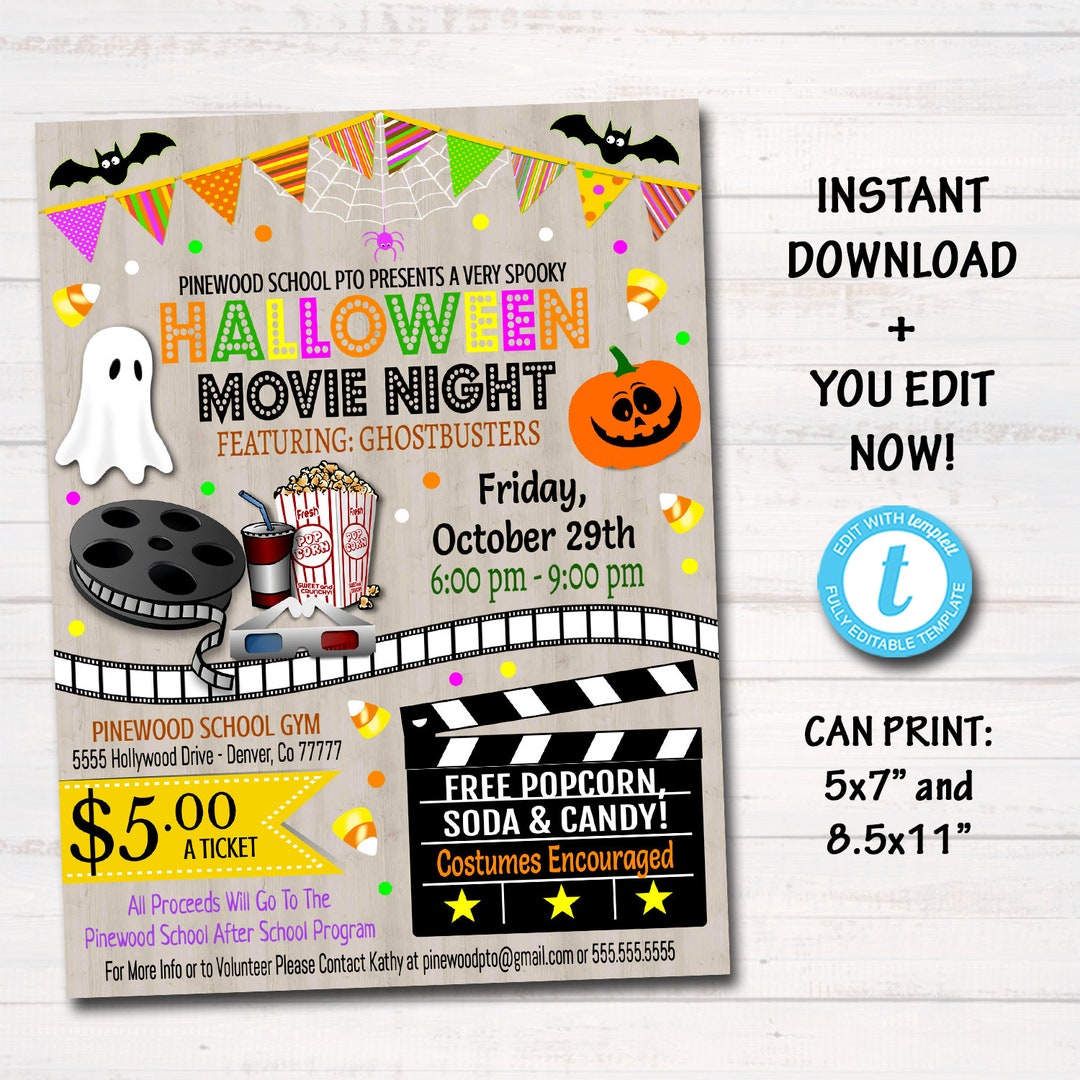 EDITABLE Halloween Movie Night Flyer, Printable PTA PTO Flyer Fall ...
