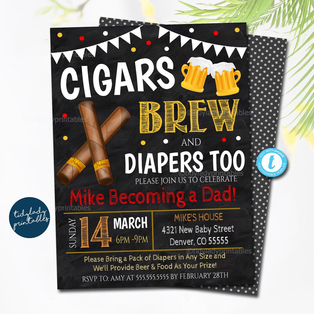 Cigars & Brew Baby Shower Invitation: Dad Diaper Party (EDITABLE ...