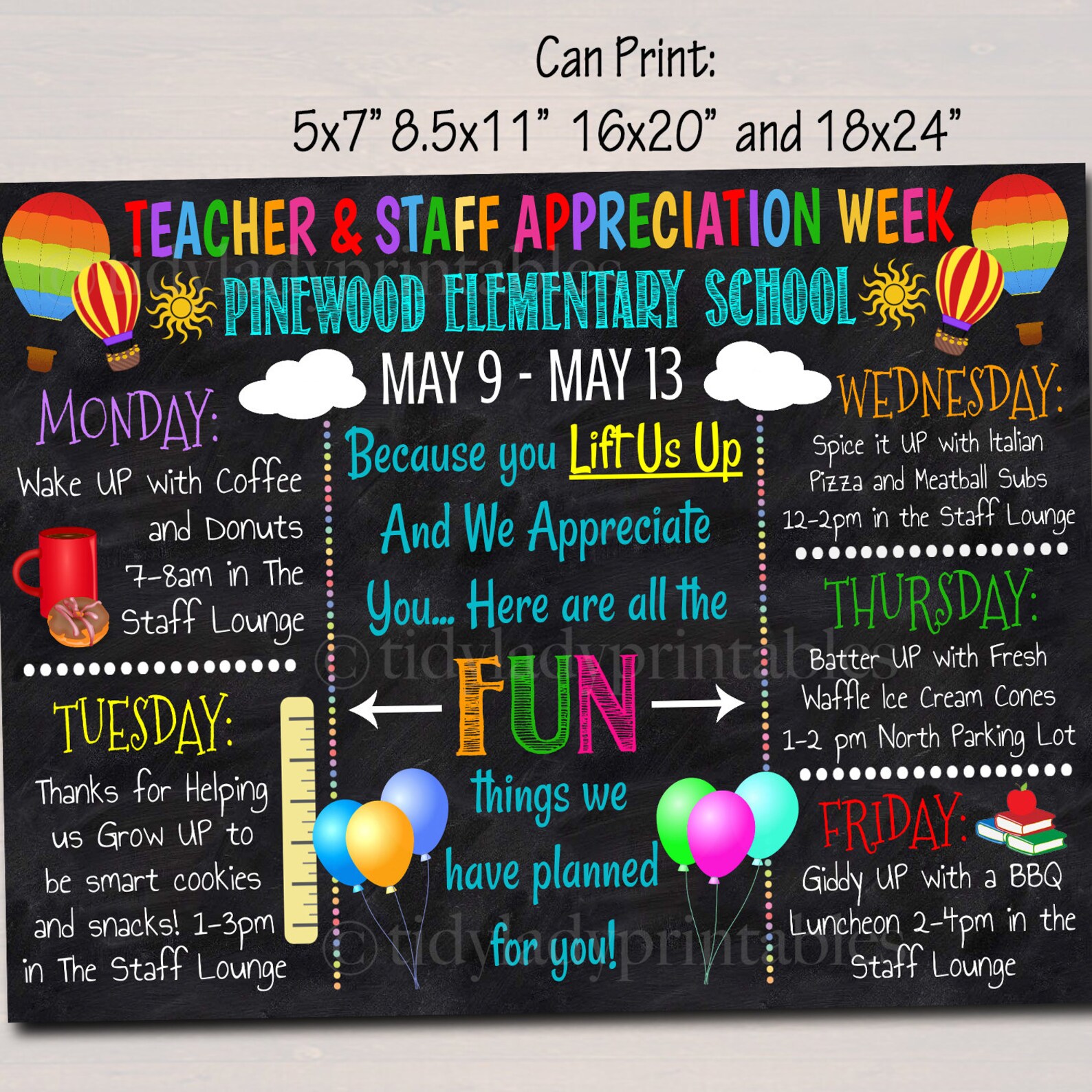 Editable Lift Us up Theme Teacher Appreciation Week Itinerary Poster ...