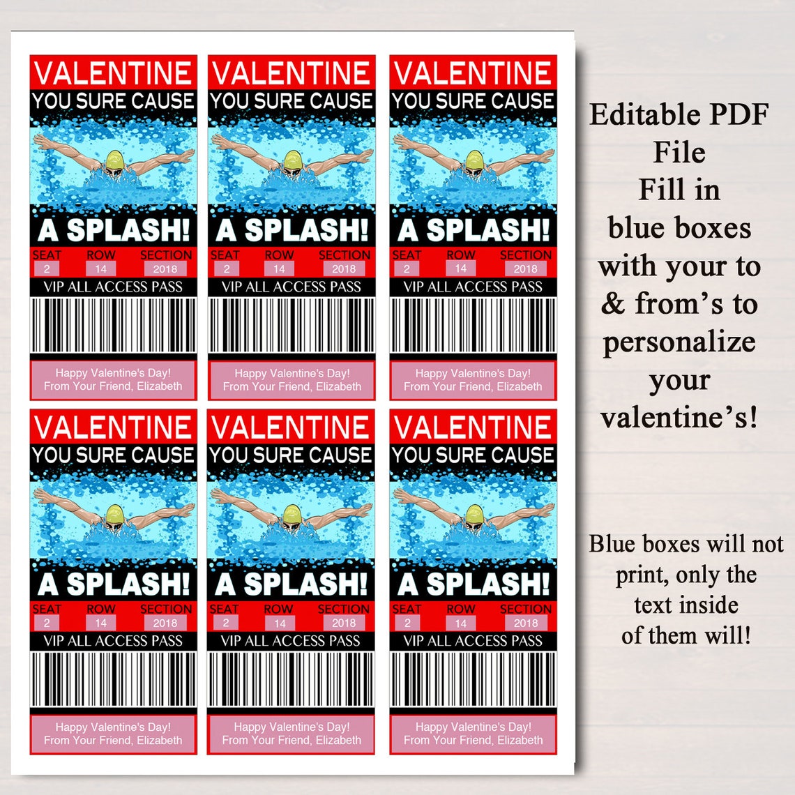 Swimmer Valentine's Day Cards: Editable Ticket Design (digital Download ...