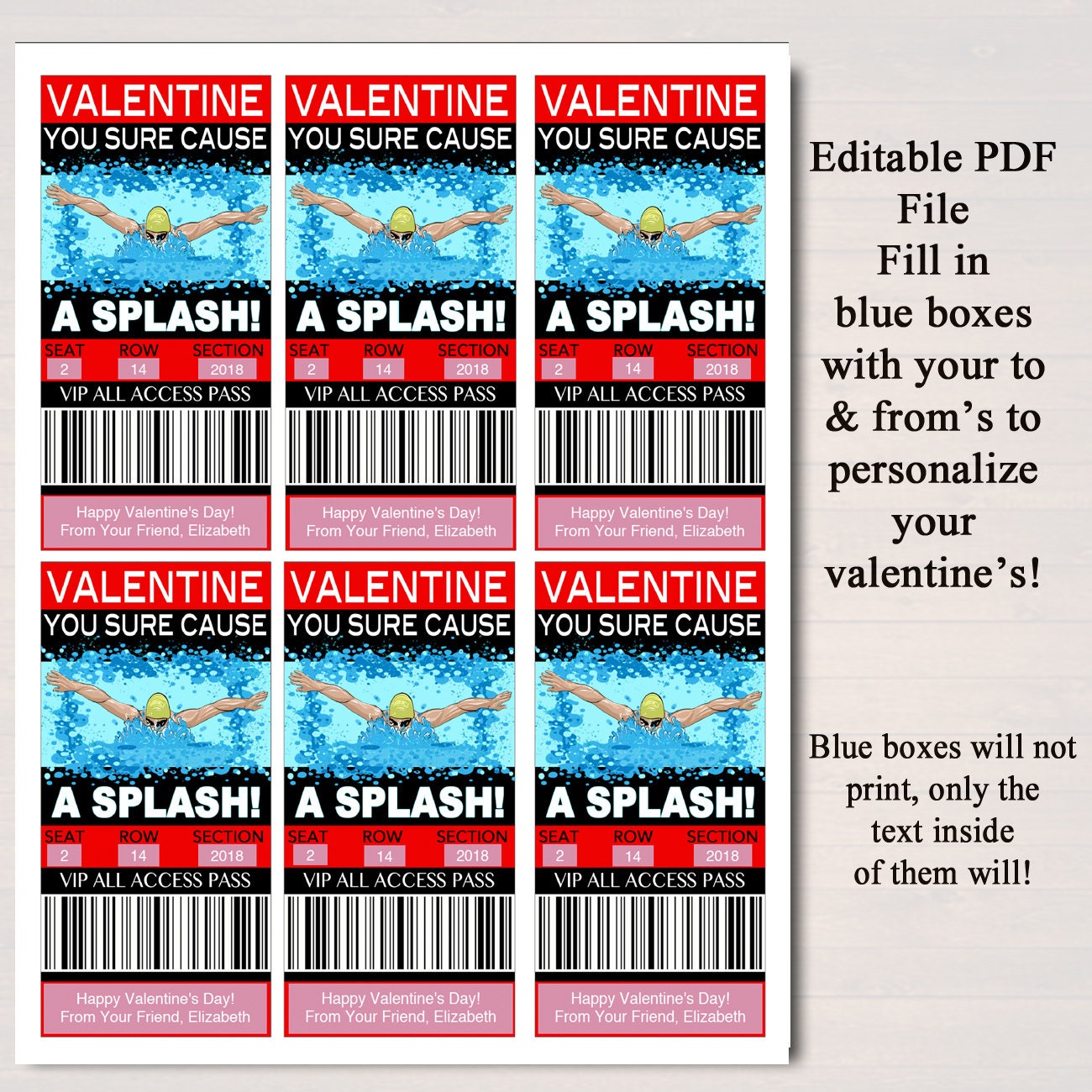 EDITABLE Swimmer Ticket Valentine's Day Cards INSTANT - Etsy