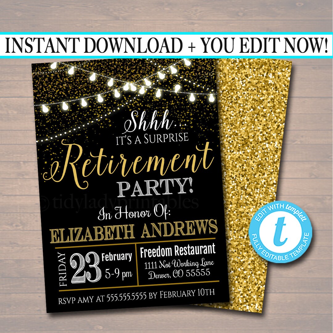 Editable Surprise Retirement Invitation Black Gold Printable Digital ...