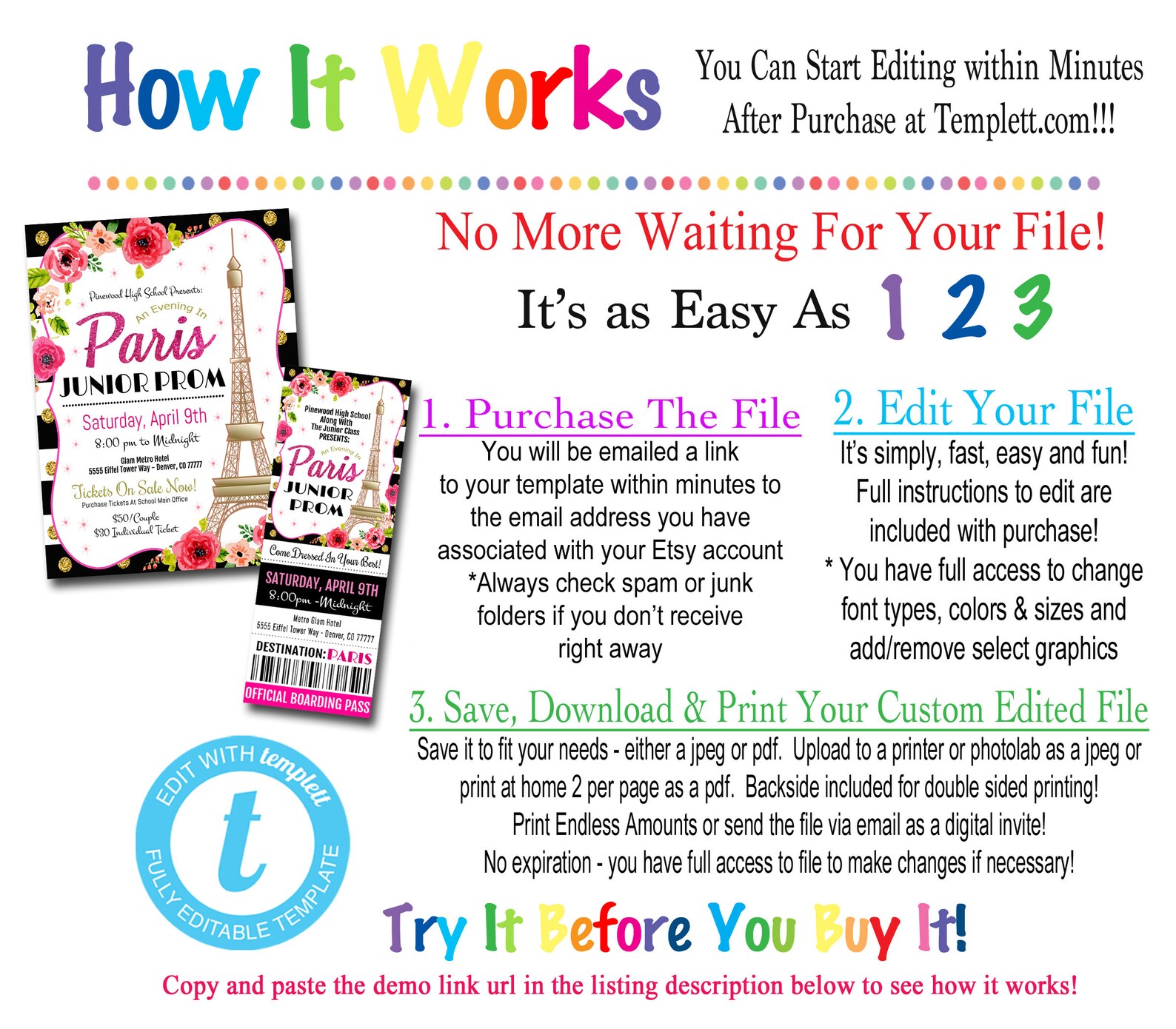 EDITABLE Prom Ticket/flyer Set School Dance Flyer Digital - Etsy