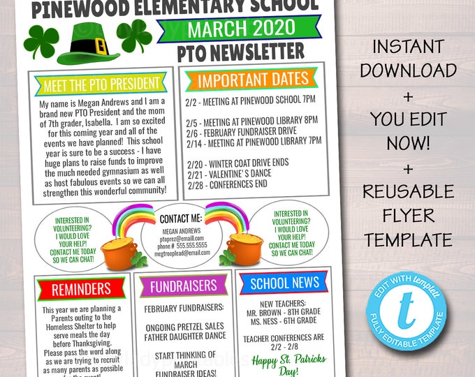 March PTO PTA Newsletter Flyer St. Patricks Day Printable - Etsy