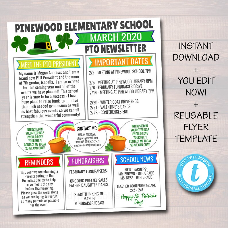 March PTO PTA Newsletter Flyer St. Patricks Day Printable - Etsy