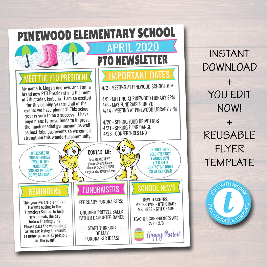 April PTO PTA Newsletter Flyer: Easter Spring School Calendar (editable ...