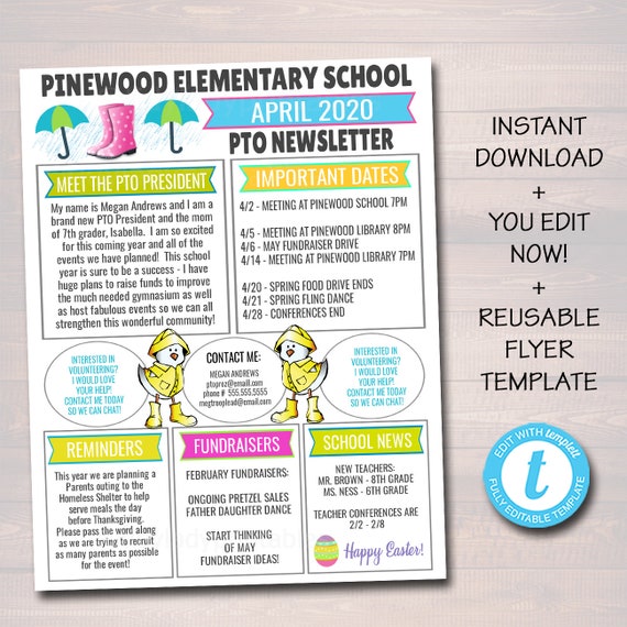 April PTO PTA Newsletter Flyer, Easter Classroom Printable Handout ...