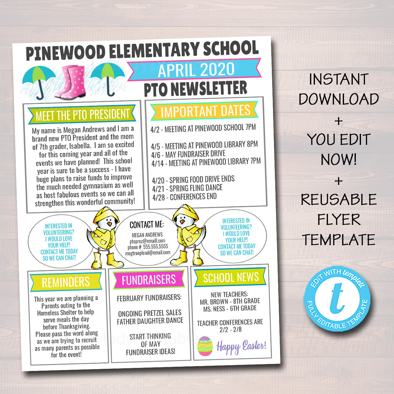 April PTO PTA Newsletter Flyer: Easter Spring School Calendar (editable ...