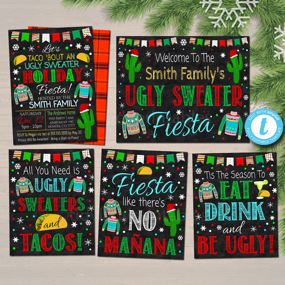 Ugly Sweater Fiesta Party Set: Editable Christmas Holiday Invitation - Etsy