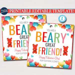 EDITABLE Valentine Gummy Bear Gift Tags, Candy Beary Great Friend ...