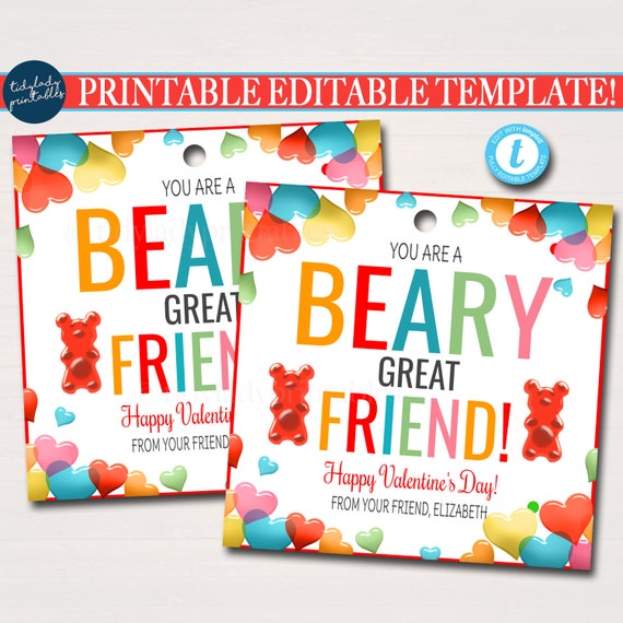 EDITABLE Valentine Gummy Bear Gift Tags, Candy Beary Great Friend ...