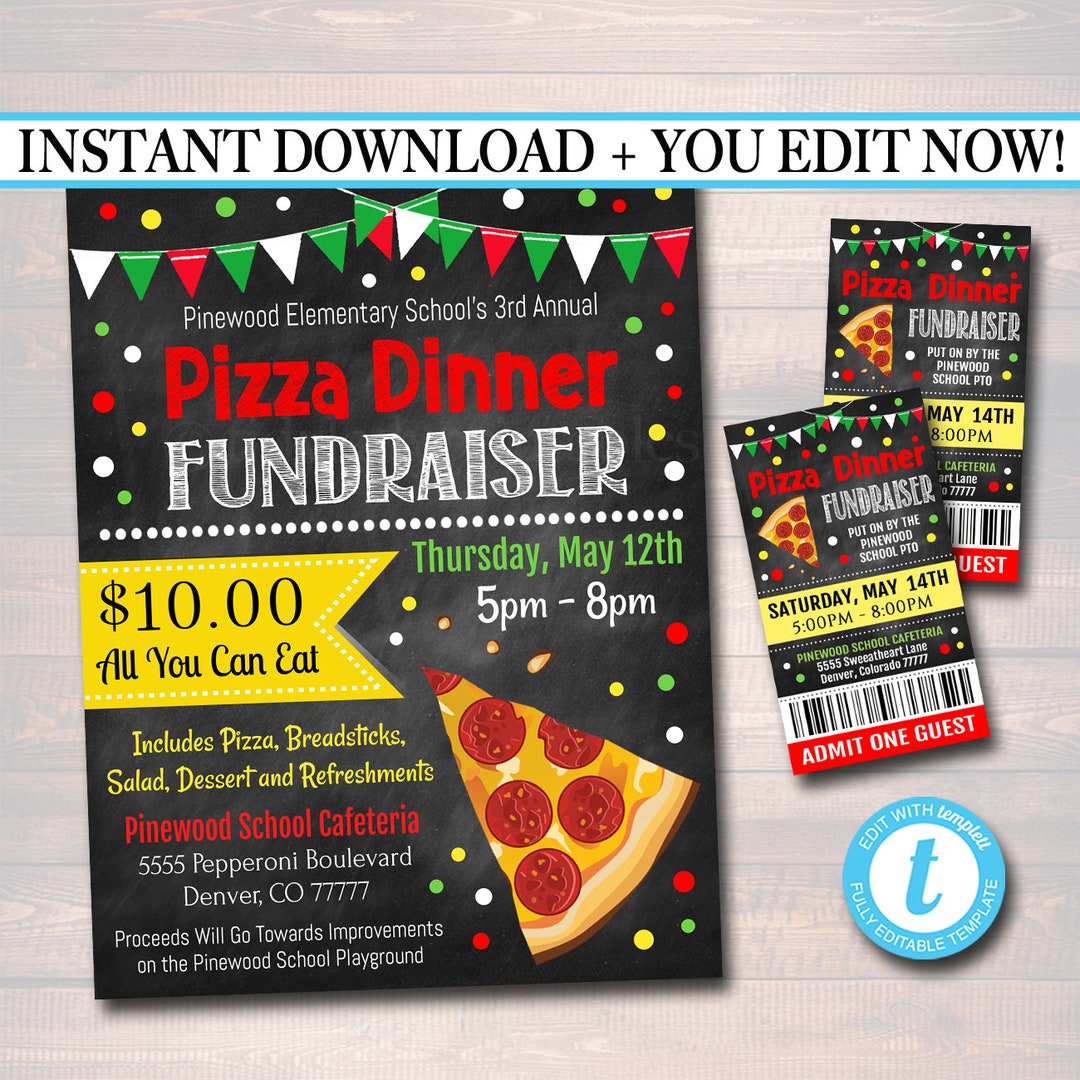 Pizza Dinner Fundraiser Flyer & Ticket Set (EDITABLE, INSTANT DOWNLOAD ...