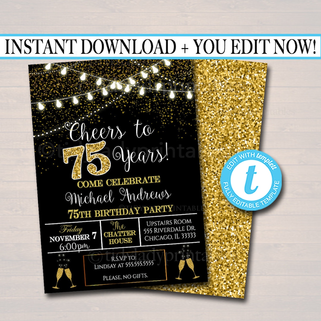 EDITABLE 75th Party Invitation, Birthday Printable Cheers to Seventy ...