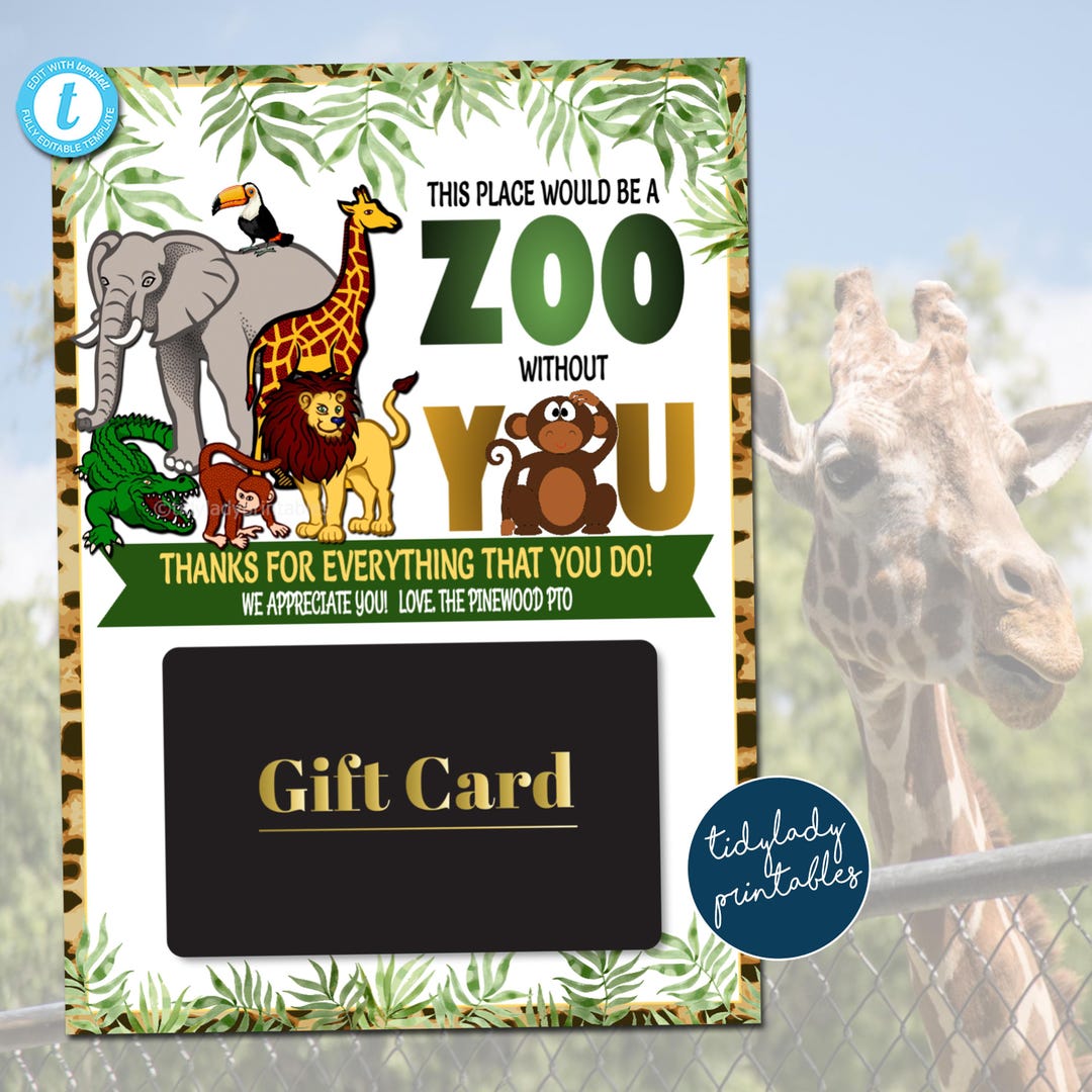 Jungle Theme Thank You Gift Card Holder, Printable Teacher Staff ...