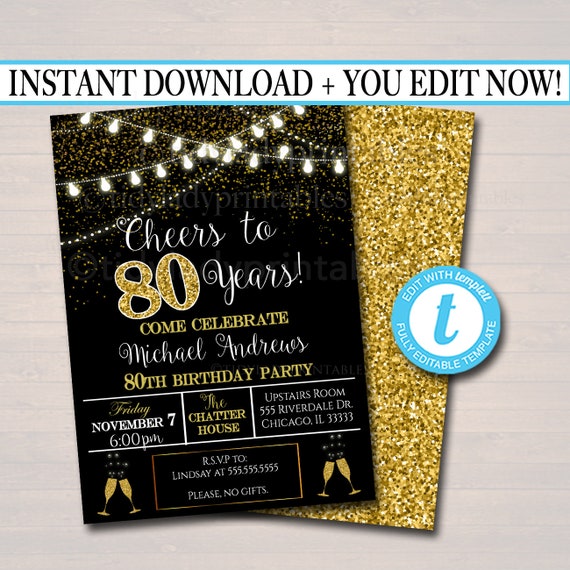 Editable 80th Party Invitation Birthday Printable Cheers To Eighty