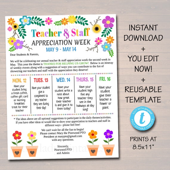 Editable Floral Bloom Theme Teacher Appreciation Invitation Newsletter ...