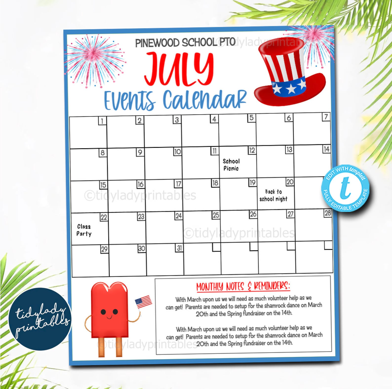 EDITABLE July Events Calendar, Summer PTO PTA Printable Handout, School ...