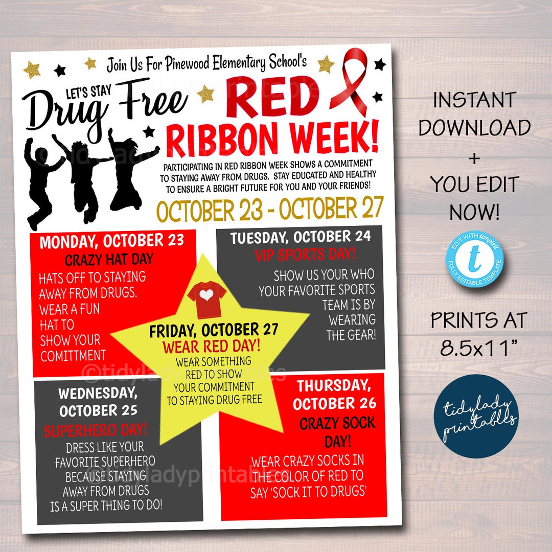 Red Ribbon Week Itinerary: School Calendar Printable (editable Template ...