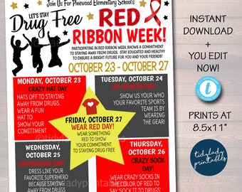 Red Ribbon Week Schedule Activity Flyer Printable for School PTA | PTO ...