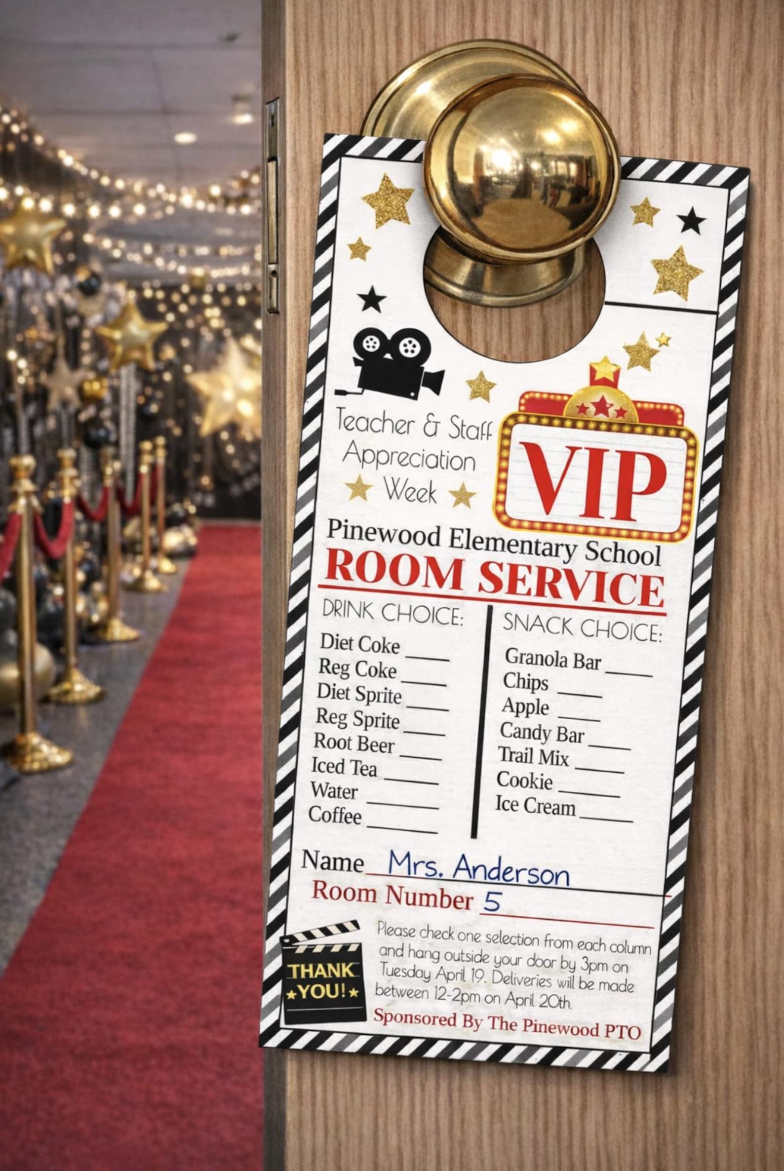 Editable Hollywood Theme Teacher Appreciation Week VIP Door Hanger ...