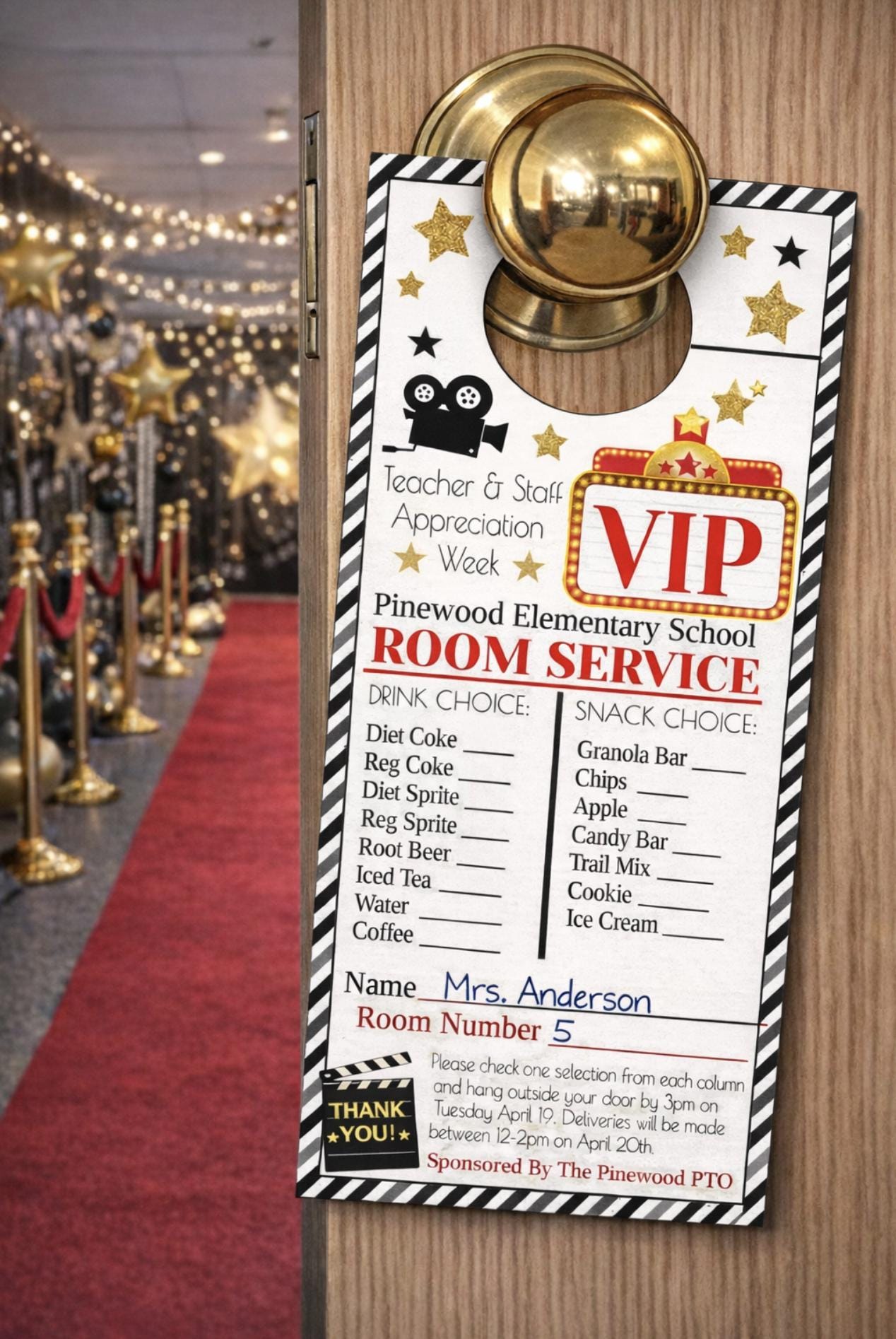 Editable Hollywood Theme Teacher Appreciation Week VIP Door Hanger ...
