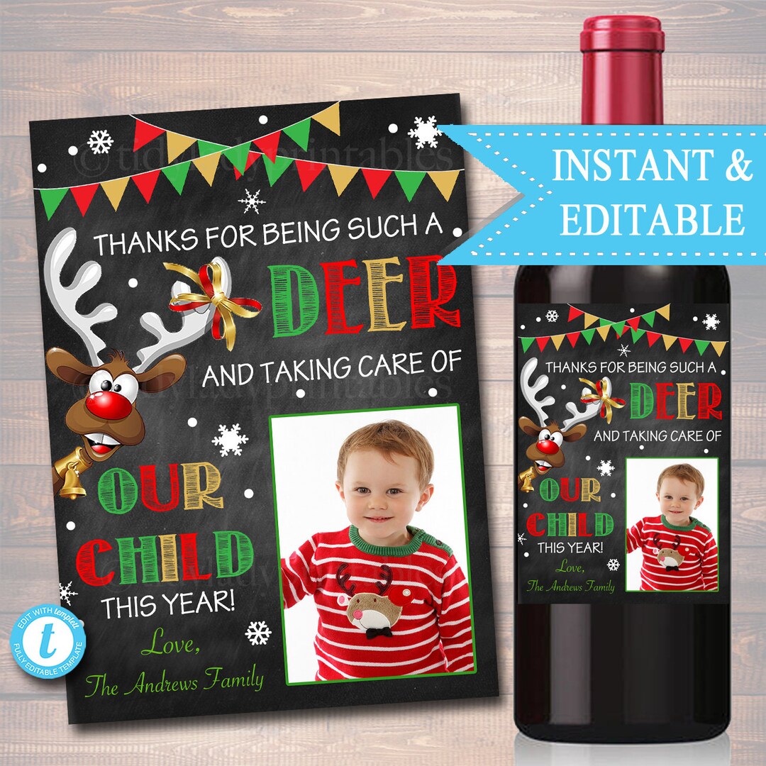 EDITABLE Christmas Teacher Gift Wine Label, Babysitter, Caregiver ...