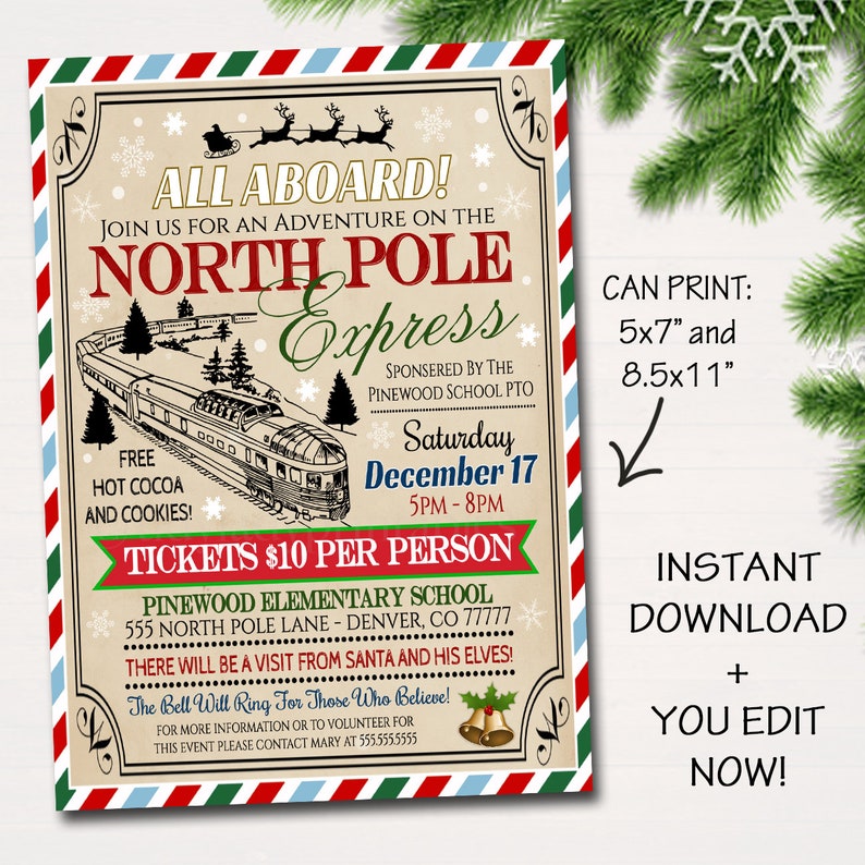 EDITABLE North Pole Polar Express Train Event With Santa Flyer & Ticket ...
