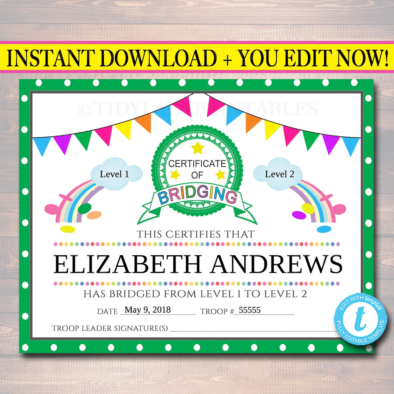 Editable Bridging Ceremony Certificate: Scout Troop Printable (digital ...