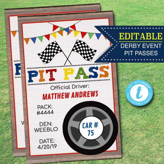EDITABLE Derby Pit Passes INSTANT + EDITABLE Boy Scout Printable, Cub ...