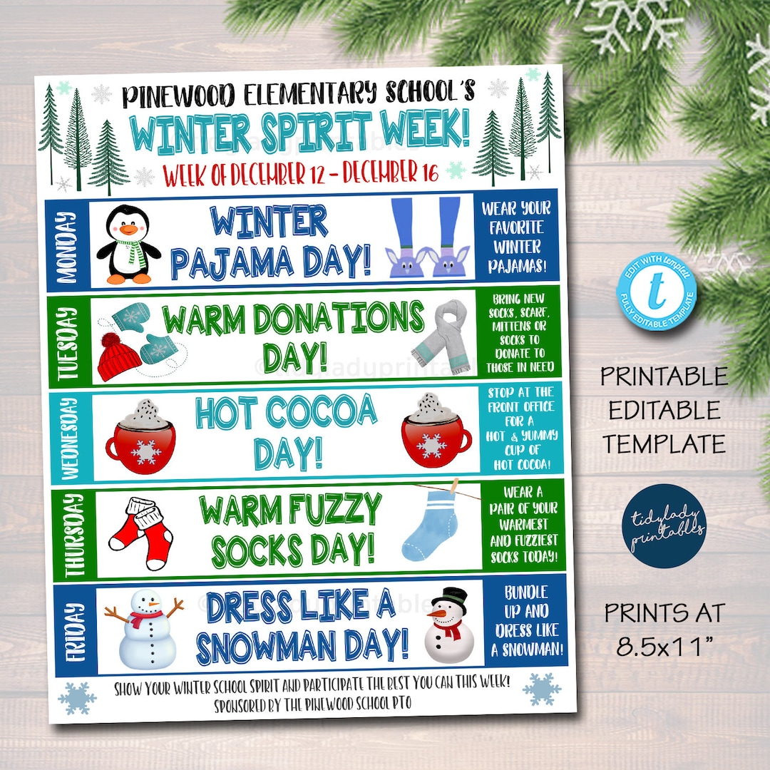 Winter Spirit Week Itinerary: School Holiday Planner (editable Template ...