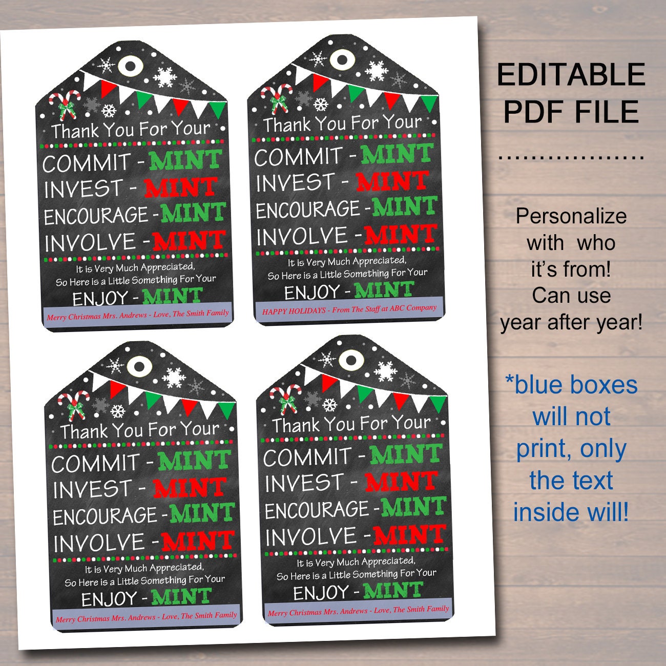 Christmas Mint Gift Tags: Editable Thank You Labels (PDF) - Etsy
