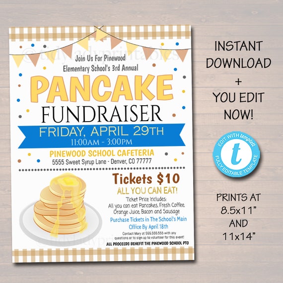 EDITABLE Pancake Breakfast Fundraiser Flyer Poster Set, pto pta, Church ...