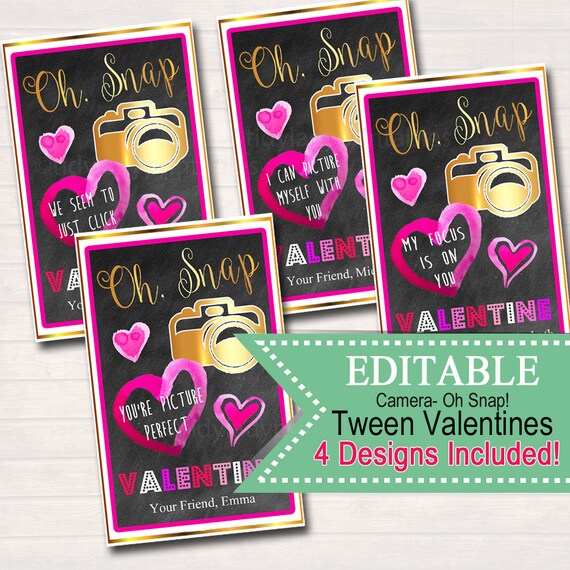 EDITABLE Tween Oh Snap Valentine's Day Cards, INSTANT DOWNLOAD ...