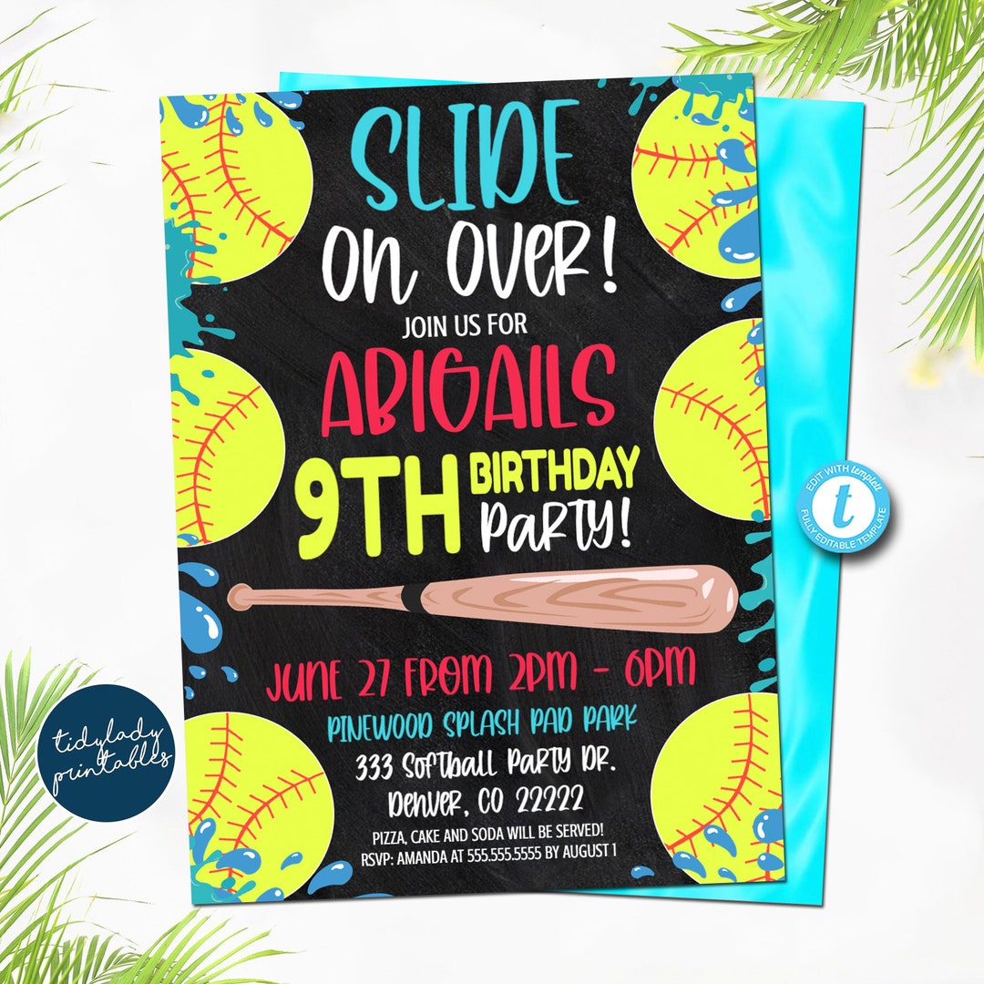 Softball Water Slide Birthday Invitation, Softball Swimming Invite ...