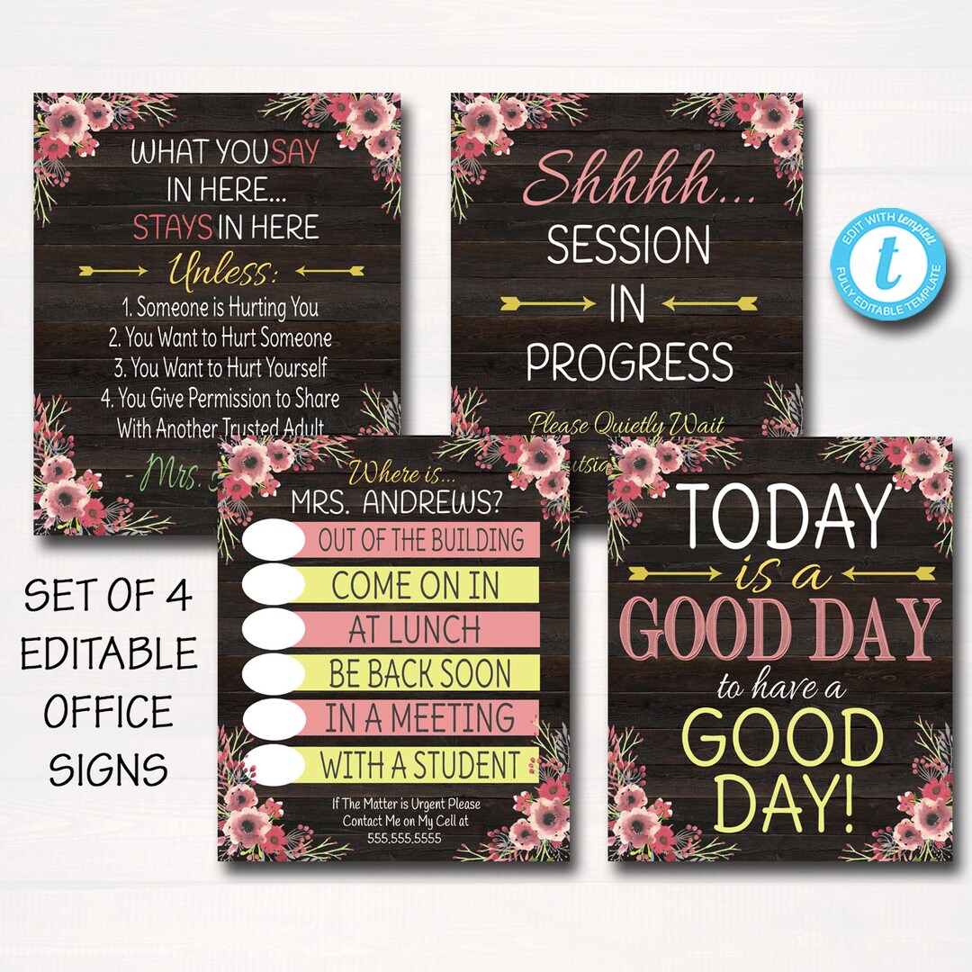Counseling Office Decor Sign Set: Editable Floral Posters (digital ...