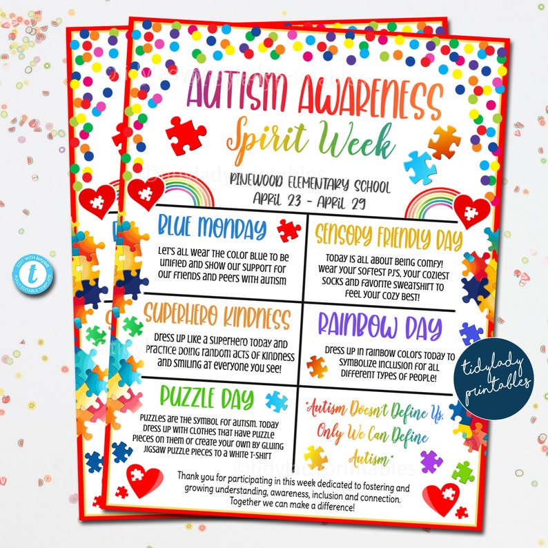 Autism Awareness Spirit Week Itinerary: School Calendar (printable ...