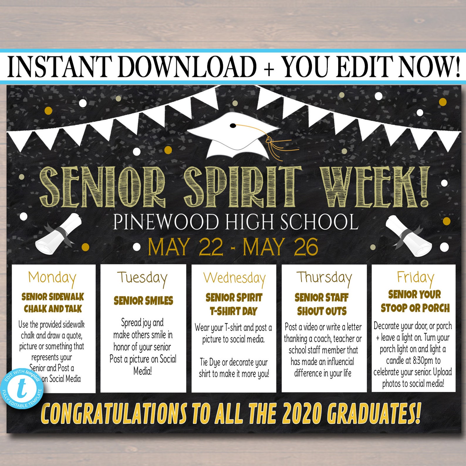 Virtual Senior Spirit Week Itinerary: Editable Template (digital ...