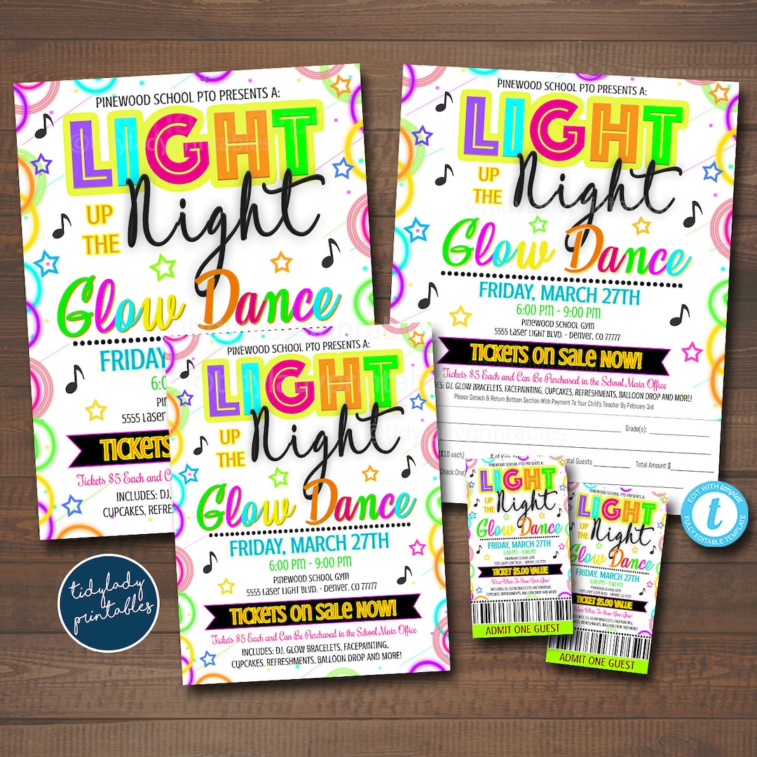 Light up the Night Glow Dance Set, Printable School Dance Flyer Party ...